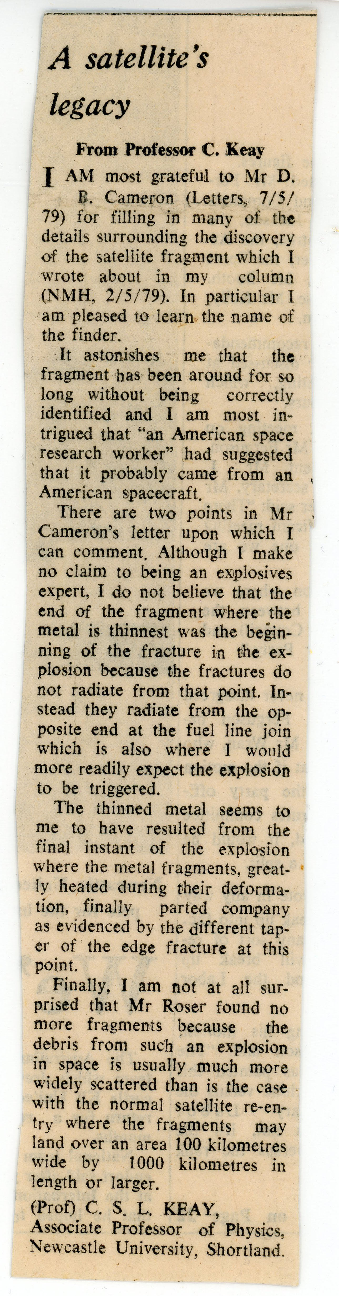 Satellite's Legacy: Where is the Piece of Crashed Spacecraft? - Hunter ...