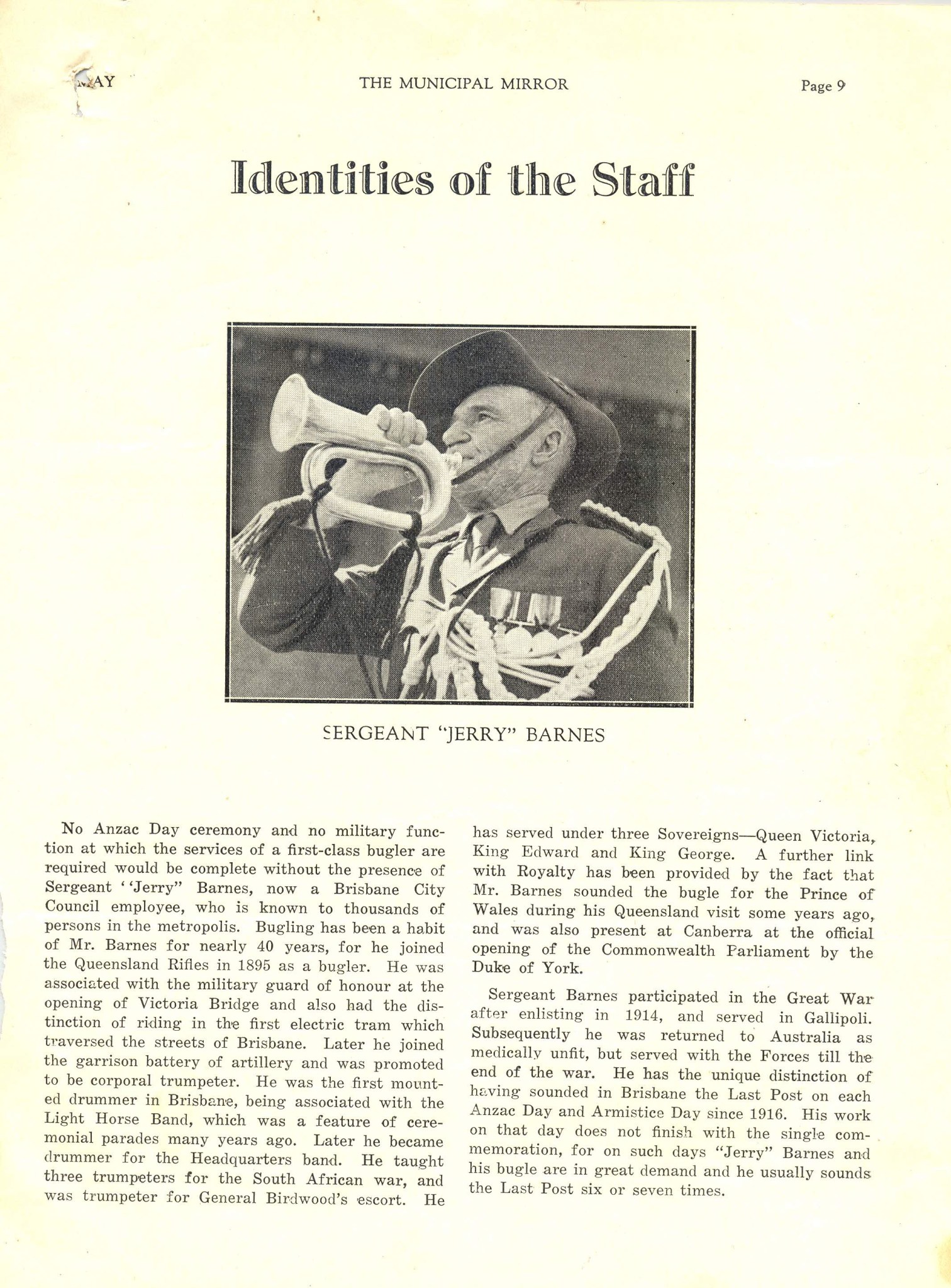 Search for ANZAC Day's First Bugler: Herbert "Jerry" Barnes - Hunter ...